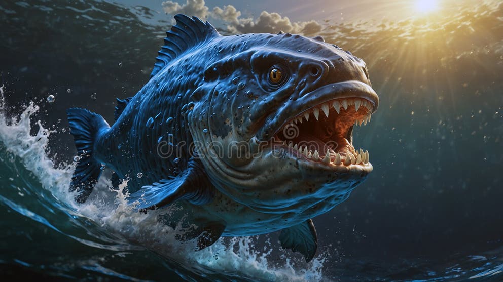 Dark Fish Leaping from Ocean Waves at Sunset Stock Illustration ...