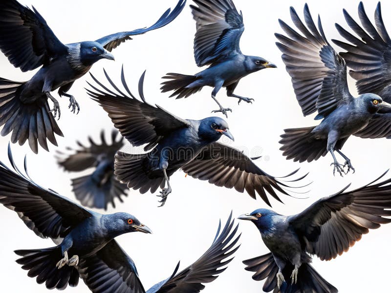 A Dark Flock of Crows Soaring Against a Pristine White Background a ...