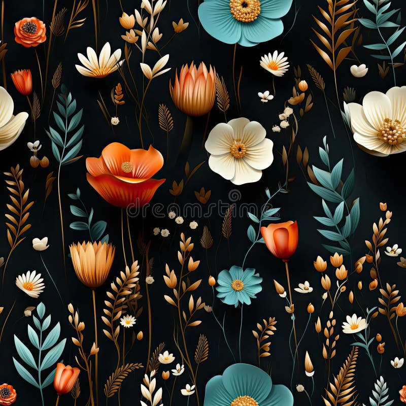 Dark Floral Pattern with Colorful Flowers on a Black Background (tiled ...