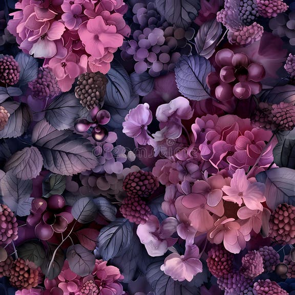 Dark Floral Pattern with Hydrangeas and Berries Stock Illustration - Illustration of design ...