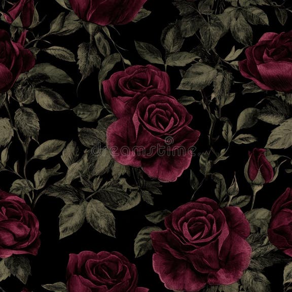 Dark Floral Pattern with Maroon Roses on Black Background. Stock Photo ...