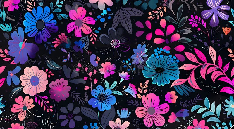 A Dark Floral Pattern with Pink, Blue, and Purple Flowers Stock ...