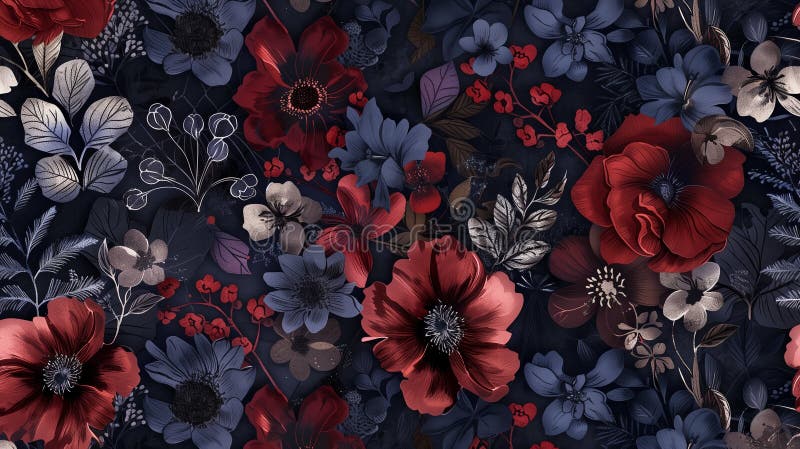 Dark Floral Seamless Pattern with Rich Red, Blue and Gray Colors. the ...