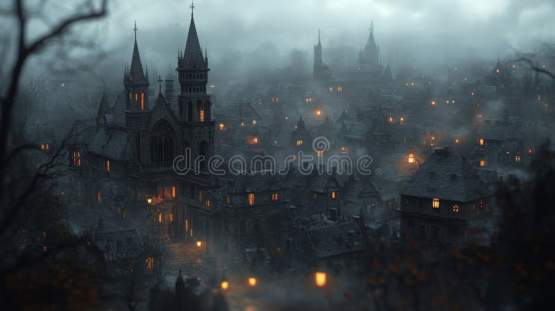 Dark Foggy Gothic City at Night Stock Illustration - Illustration of ...