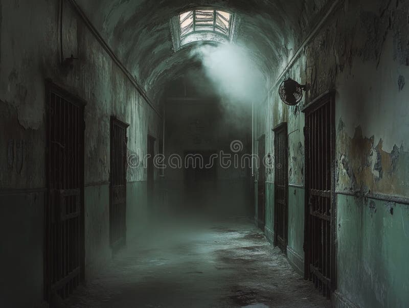 Foggy Hallway in a Decaying Prison with Barred Doors Stock Illustration ...
