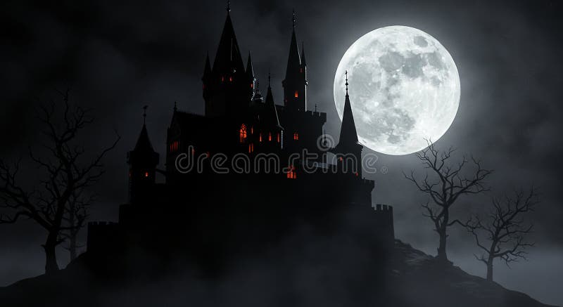 A Dark, Foreboding Castle with Multiple Spires and Red-lit Windows ...