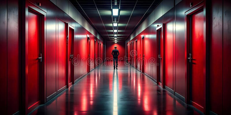 Dark and Foreboding Corridor Stretches Out before Figure, Lined with ...