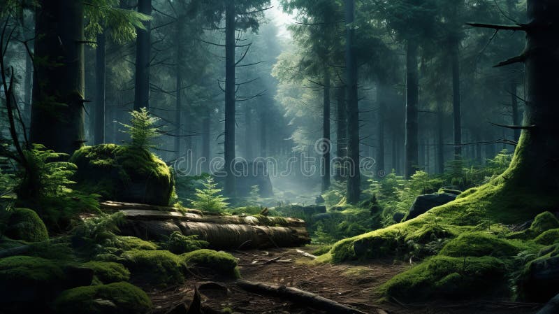Dark and Foreboding Forest with Hemlock in Photorealistic Style Stock ...