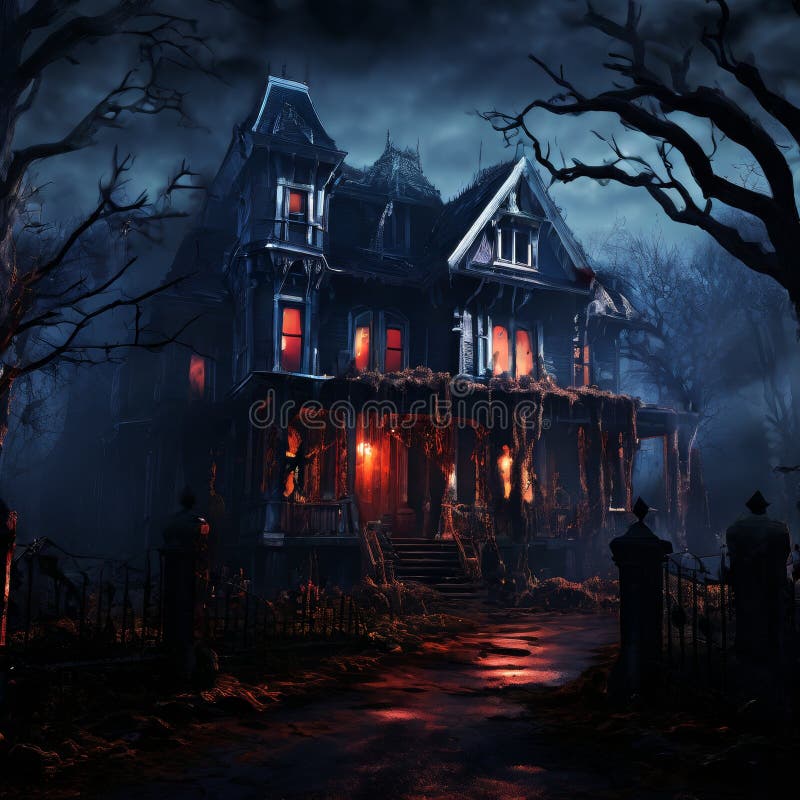 Spooky Haunted House at Night with Eerie Red Lighting Stock Photo ...