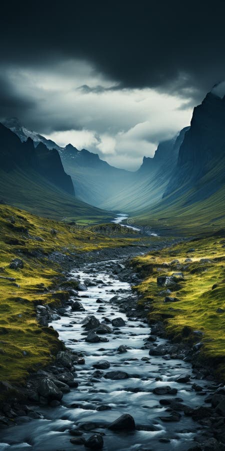 Dark and Foreboding Landscape: a River Flowing in a Mountain Stock ...