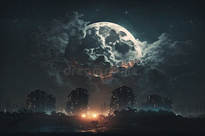 Dark and Foreboding at Night, a City Alone Under a Full Moon Stock ...