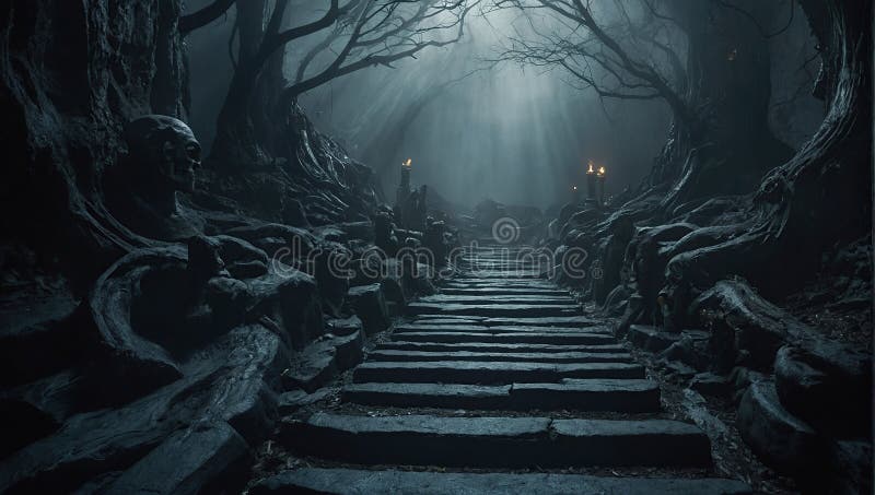 A Dark and Foreboding Pathway Lined with Ancient Trees and Stone Steps ...
