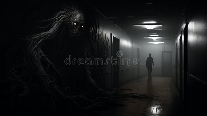 Twisted Characters in a Dark and Creepy Hallway with a Large Tree Stock ...