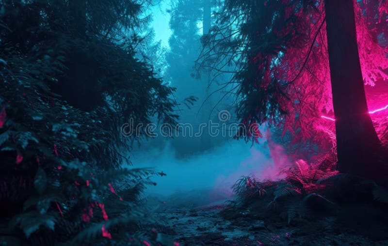 Dark Forest Abstract Wallpaper with Neon Lights Stock Illustration ...
