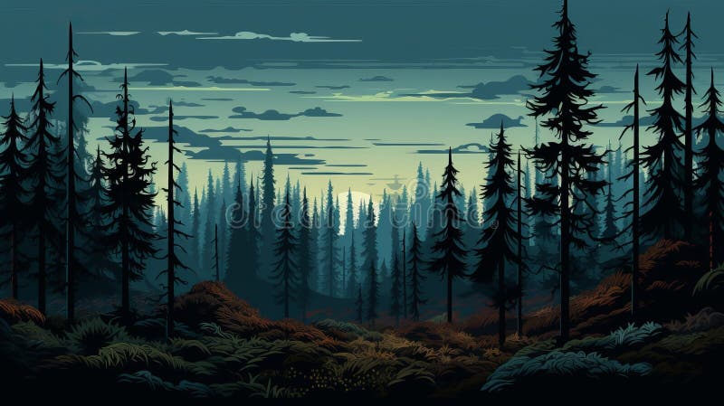 Retrograde 8-bit Fir Forest Illustration in Dark Cyan and Dark Bronze ...