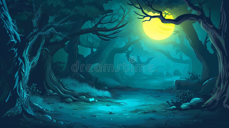 Dark Forest Cartoon Illustration, Moonlight Illuminates the Beautiful ...