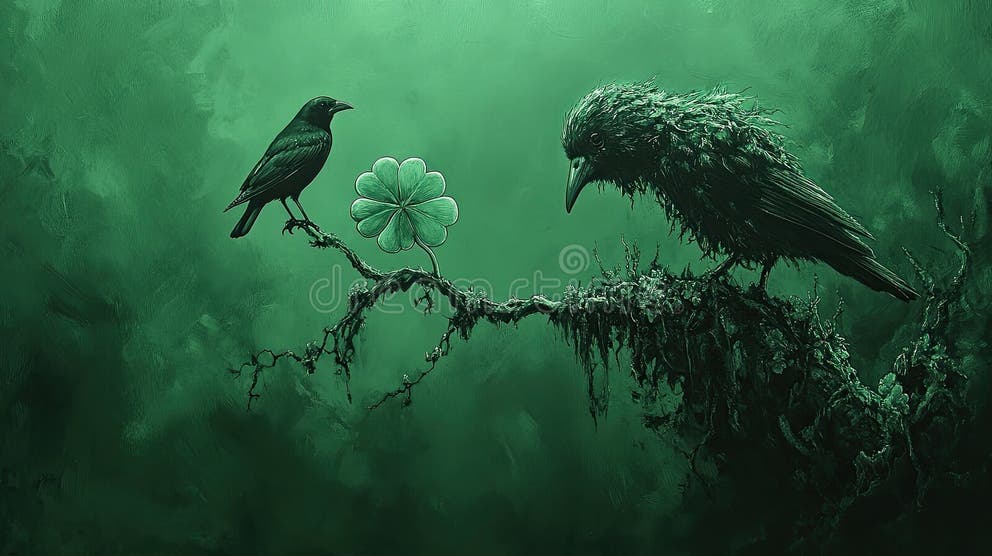 Dark Forest Crows with Shamrock, Mystical Scene Stock Illustration ...