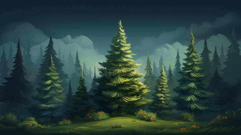 Spruce: a Sublime Wilderness of Green Trees in 2d Game Art Style Stock ...