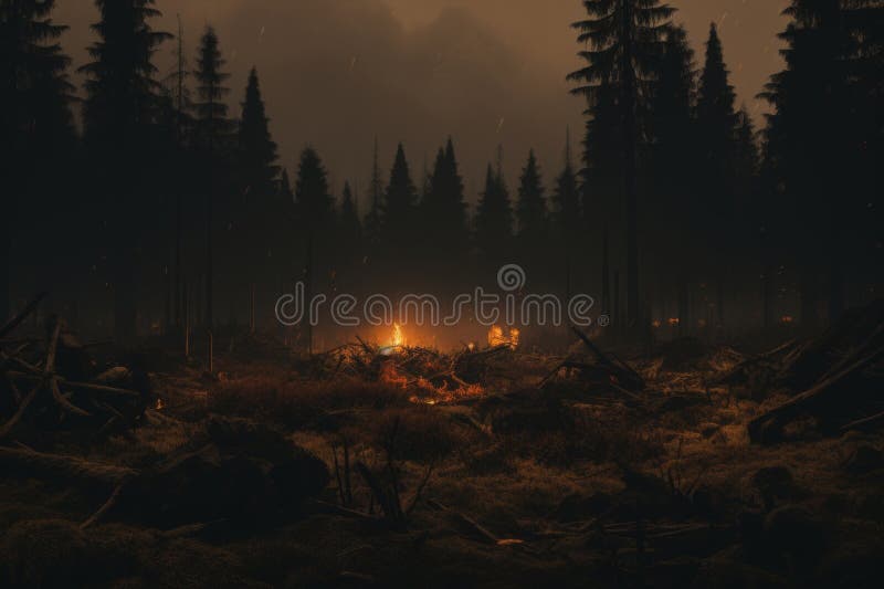 A Dark Forest with a Fire in the Middle of it Stock Illustration ...