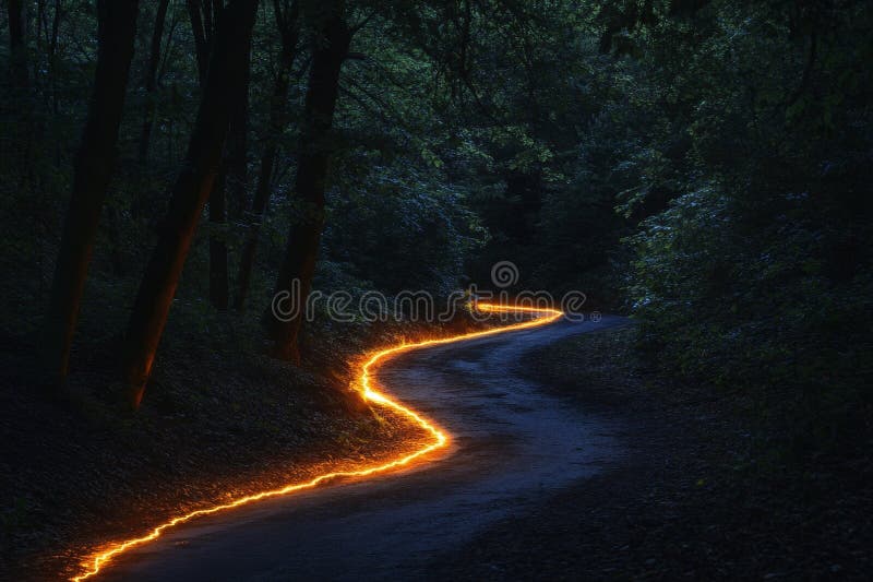A Dark Forest with a Glowing Line on the Ground Stock Illustration ...