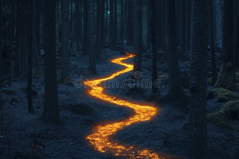 Dark Forest with a Glowing Path. Journey into the Unknown Concept Stock ...