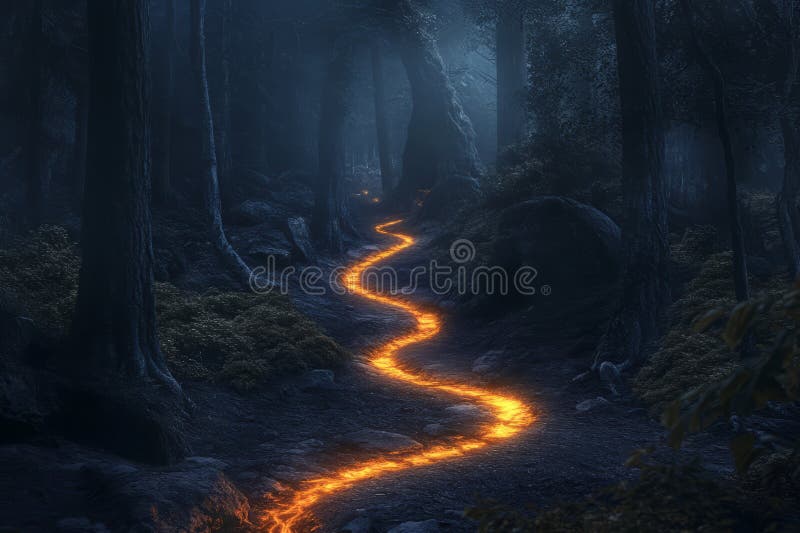 Dark Forest with a Glowing Path. Journey into the Unknown Concept Stock ...