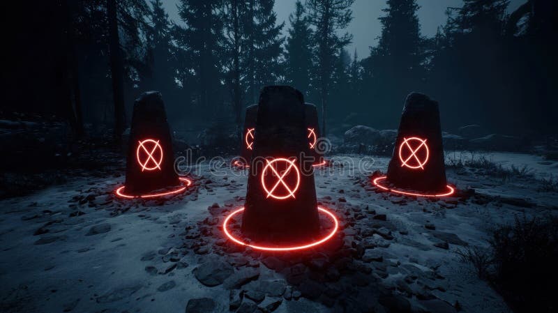 A Dark Forest with Glowing Red X S on the Ground. Stock Photo - Image ...