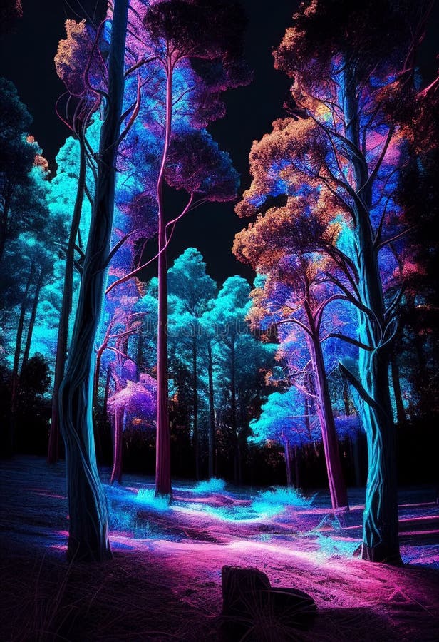 Dark Forest Illuminated by Neon Lights. AI Generated Stock Illustration ...