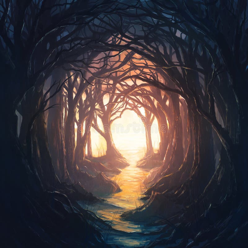 Dark Forest Leading To Light Stock Illustration - Illustration of glow ...