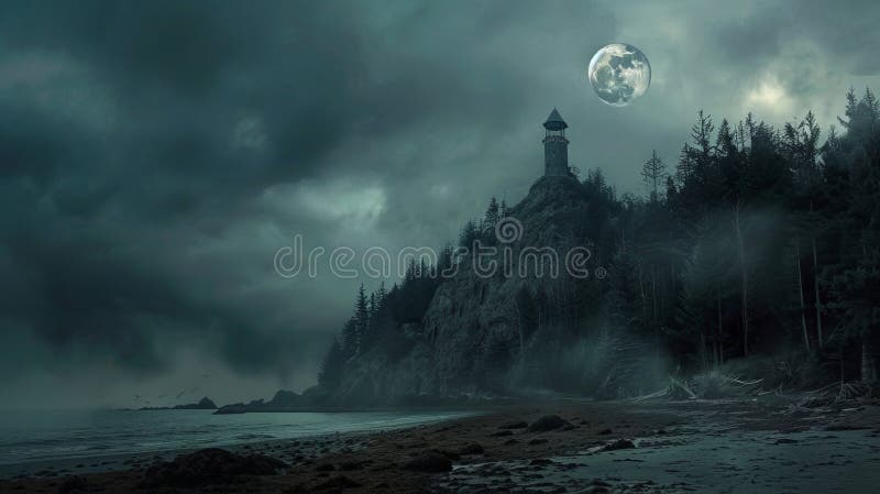 A Dark Forest with a Lighthouse on the Beach Stock Image - Image of ...