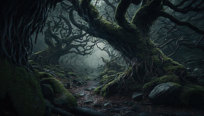 A Dark Forest with Moss Growing on the Ground and Trees Growing Out of ...