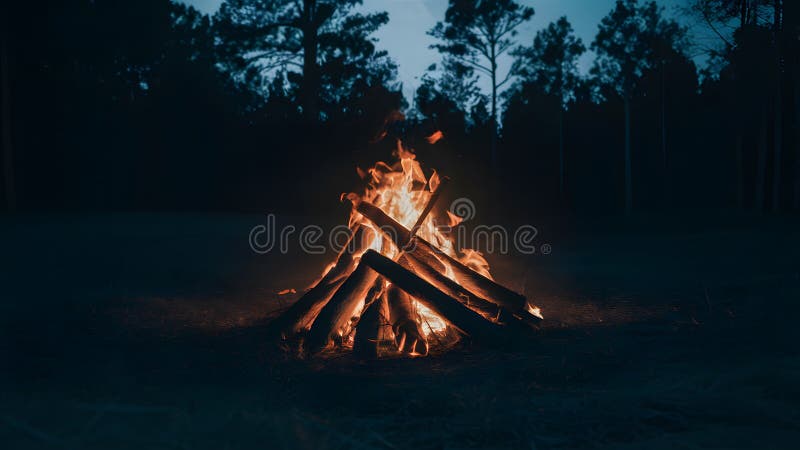 Dark Forest Night Bonfire Illuminating with Orange Flames Stock ...