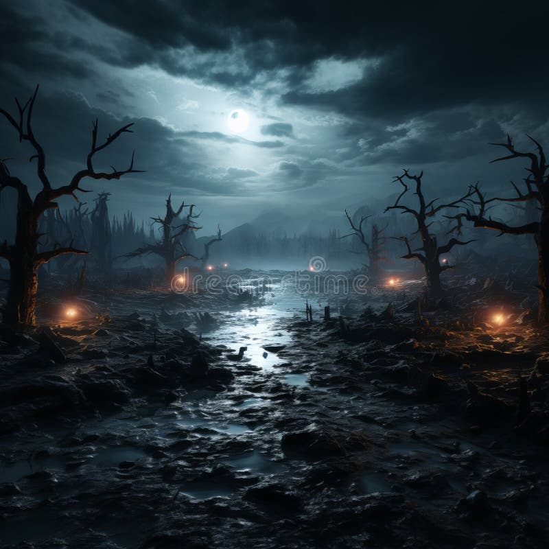 A Dark Forest at Night with Dead Trees Stock Illustration ...