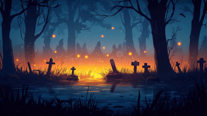 Dark Forest Night Scene with Swamp and Crosses Stock Illustration ...
