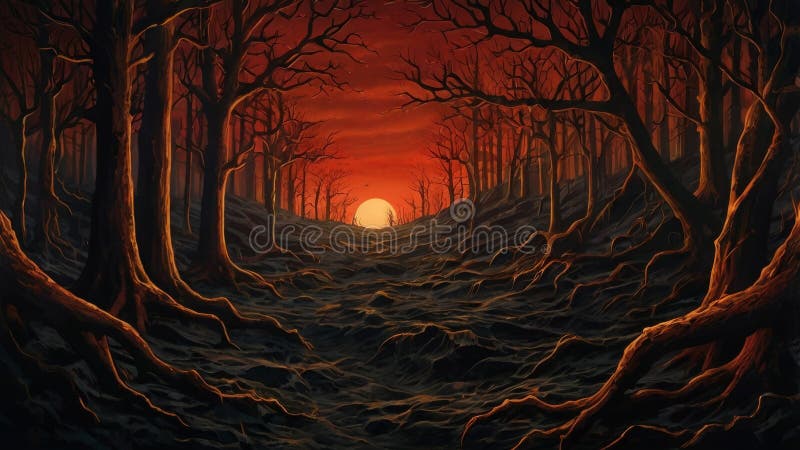 Dark Forest Path with a Fiery Sunset Stock Illustration - Illustration ...