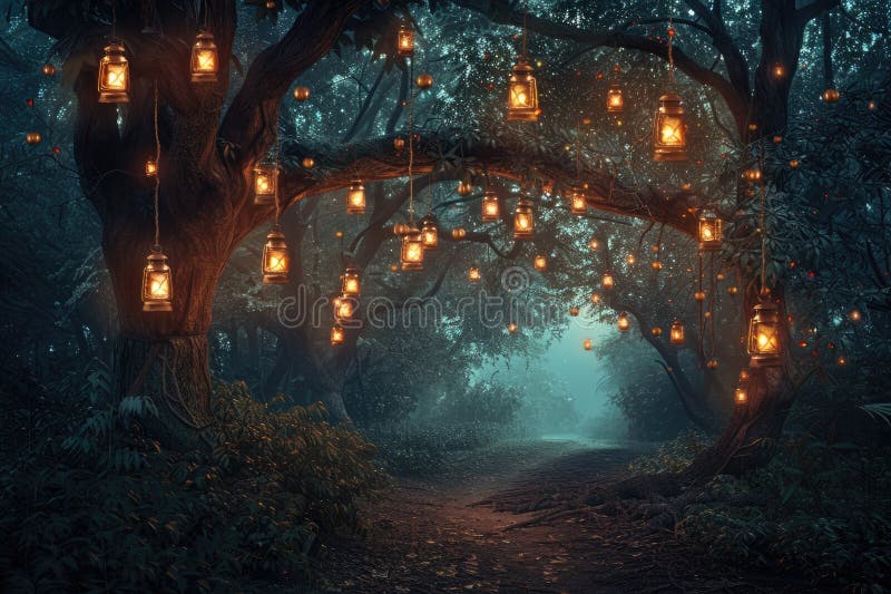 A Dark Forest Path Illuminated by Lanterns Hanging from the Trees ...