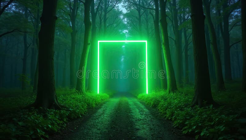 Dark Forest Path Illuminated by Neon Green Rectangular Frame. Surreal ...