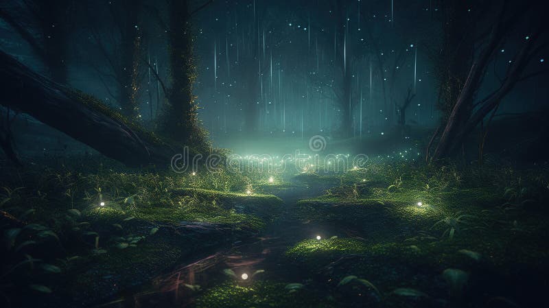 A Dark Forest with a Path Leading To a Light at Night Stock ...