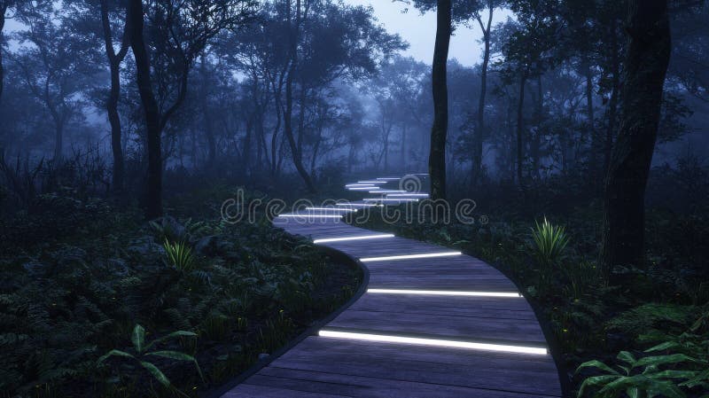 A Dark Forest Path with a Lighted Walkway Stock Illustration ...
