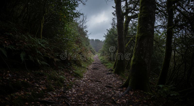 Dark Forest Path: Mossy Trees and Overcast Sky Stock Illustration ...
