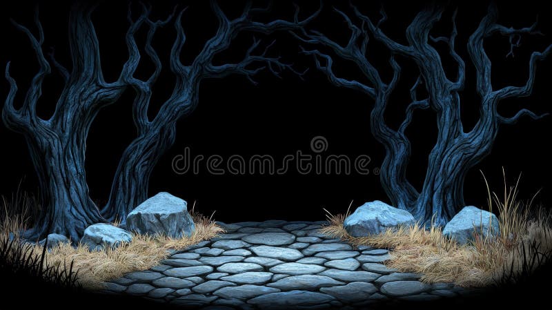 Dark Forest Pathway with Twisted Trees and Stones Creating an Eerie ...