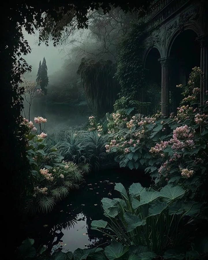 A Dark Forest with a Pond and a Bridge with a Bridge and Flowers. Stock ...