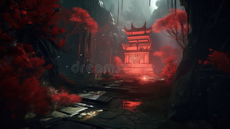 A Dark Forest with a Red Light Coming from the Entrance Stock ...