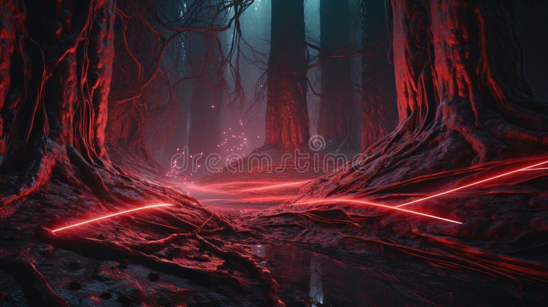 A Dark Forest with Red Light Streaks Coming from the Trees Stock ...