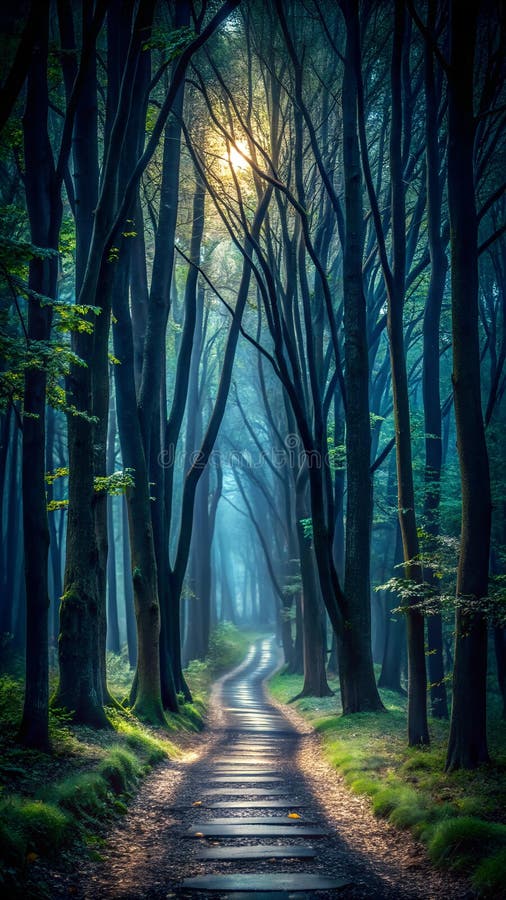 Dark Forest Scene with a Clear Path among the Trees. Stock Illustration ...