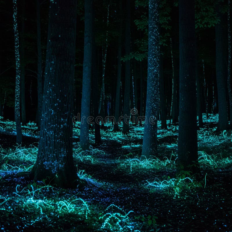A Dark Forest Scene Illuminated by Glowing Blue Bioluminescent Elements ...