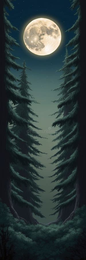 Dark Forest Scene with Layered Trees and a Glowing Moon Above Stock ...