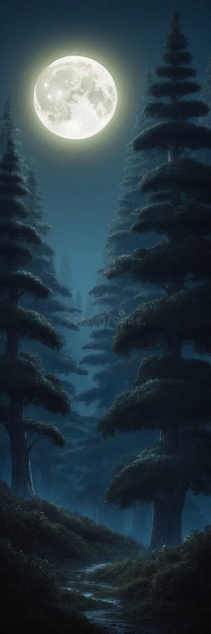 Dark Forest Scene with Layered Trees and a Glowing Moon Above Stock ...