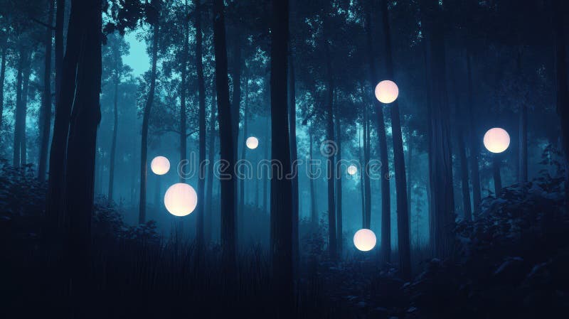 Dark Forest Scene at Night Illuminated by Glowing Orbs Stock ...