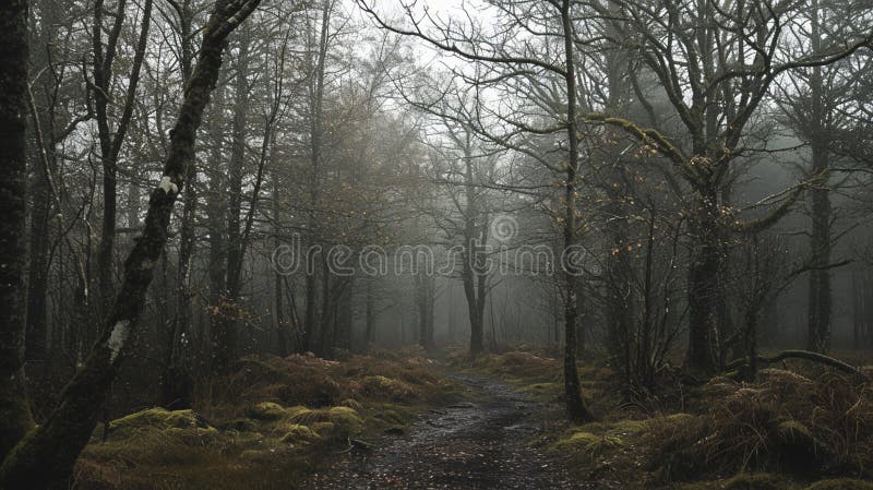Through a Dark Forest Shrouded in a Desolate Grey Mist on a Rainy Day ...